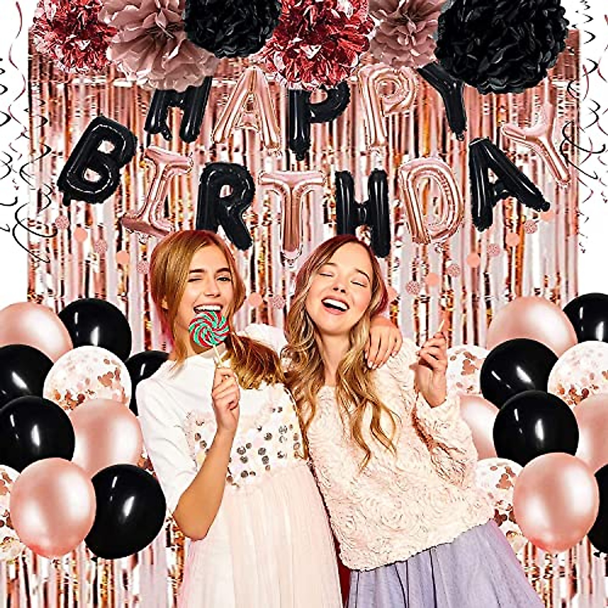 Black Rose Gold Birthday Party Decorations for Women Girls, 78 Pack Black Rose Gold Confetti Balloons, Curtains, Paper Flowers, Hanging Swirl and Circle Dot Garland for Girl Women