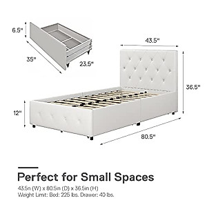 DHP Dakota Upholstered Platform Bed with Underbed Storage Drawers and Diamond Button Tufted Headboard and Footboard, No Box Spring Needed, Twin, White Faux Leather