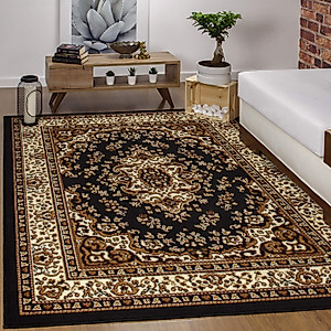 Antep Rugs Kashan King Collection Himalayas Oriental Polypropylene Indoor Area Rug (Black and Beige, 5' x 7')