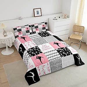 Gymnastics Girls Comforter Set Twin Size Pink Black Geometric Plaid Bedding Set 2pcs for Kids Women Gymnast Youth Bedroom Sports Dancing Quilt Set Modern Stripes Duvet Insert,1 Pillowcase