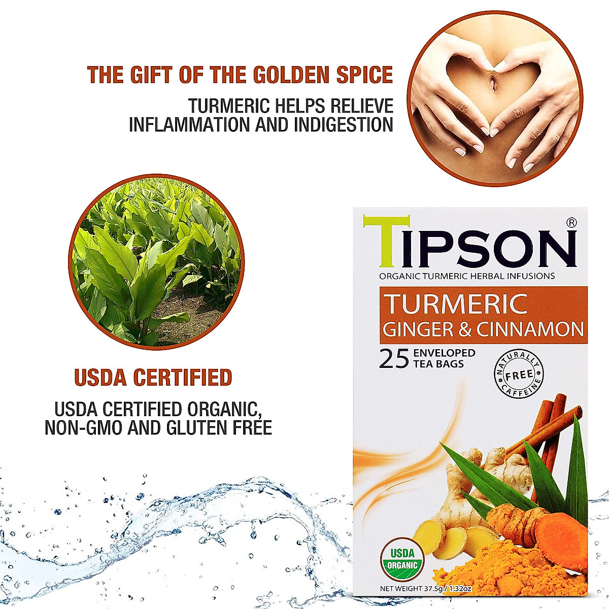 Tipson Organic Turmeric Herbal Infusions - Turmeric Ginger and Cinnamon - Caffeine Free, Non GMO, Gluten Free - 25 Premium Tea Bags (Pack of 1)
