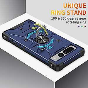 Suordii Case for Google Pixel 7 Pro with Tempered Glass Screen Protector, Durable Military-Grade Heavy Duty Phone Case with Ring Holder Kickstand for Google Pixel 7 Pro - Blue