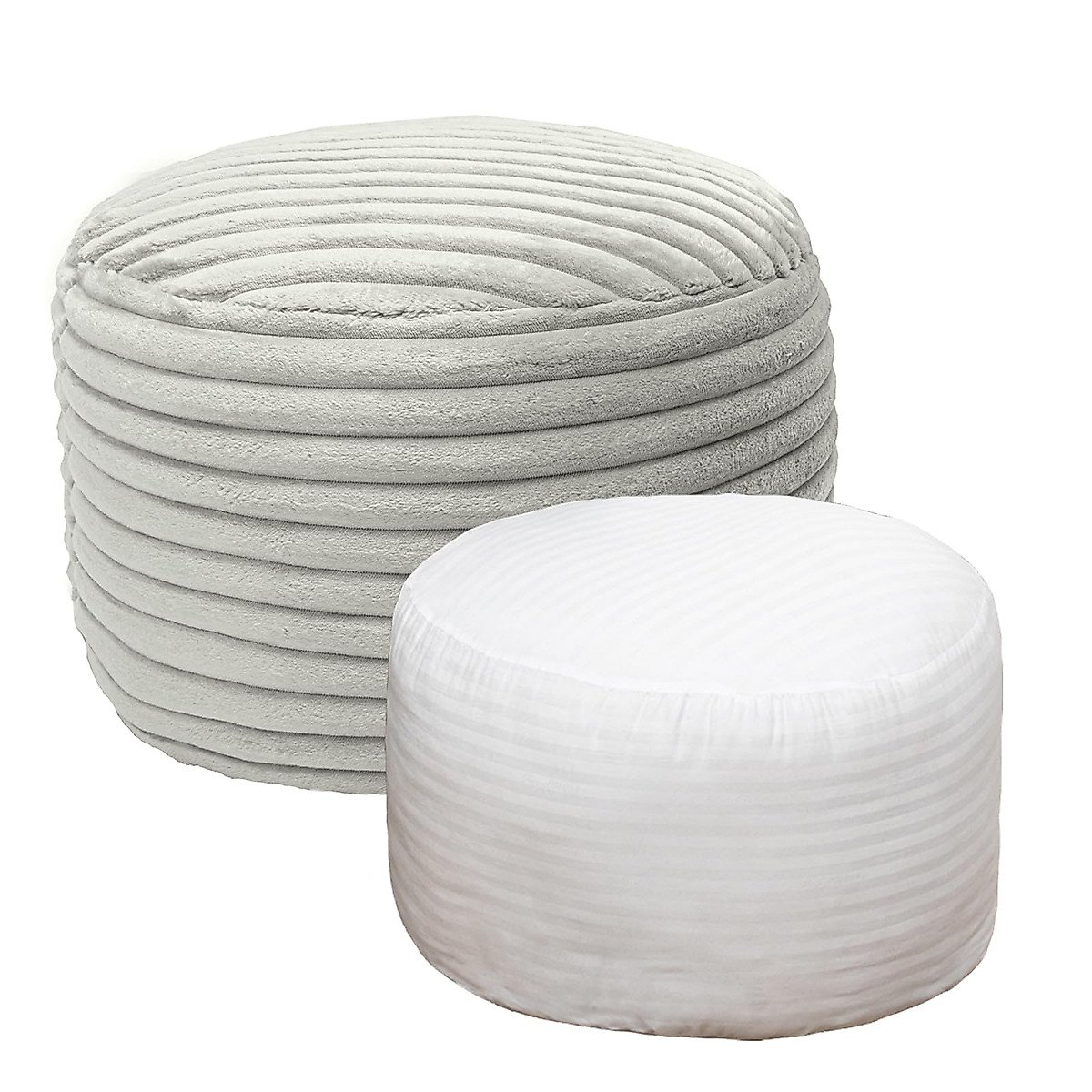 Round Stuffed Pouf Ottoman 20x20x12 Inches Faux Fur Ottoman Foot Rest Under Desk Foot Stool Great for Living Room, Bedroom Small Furniture (Light Gray Pouf with Filler)