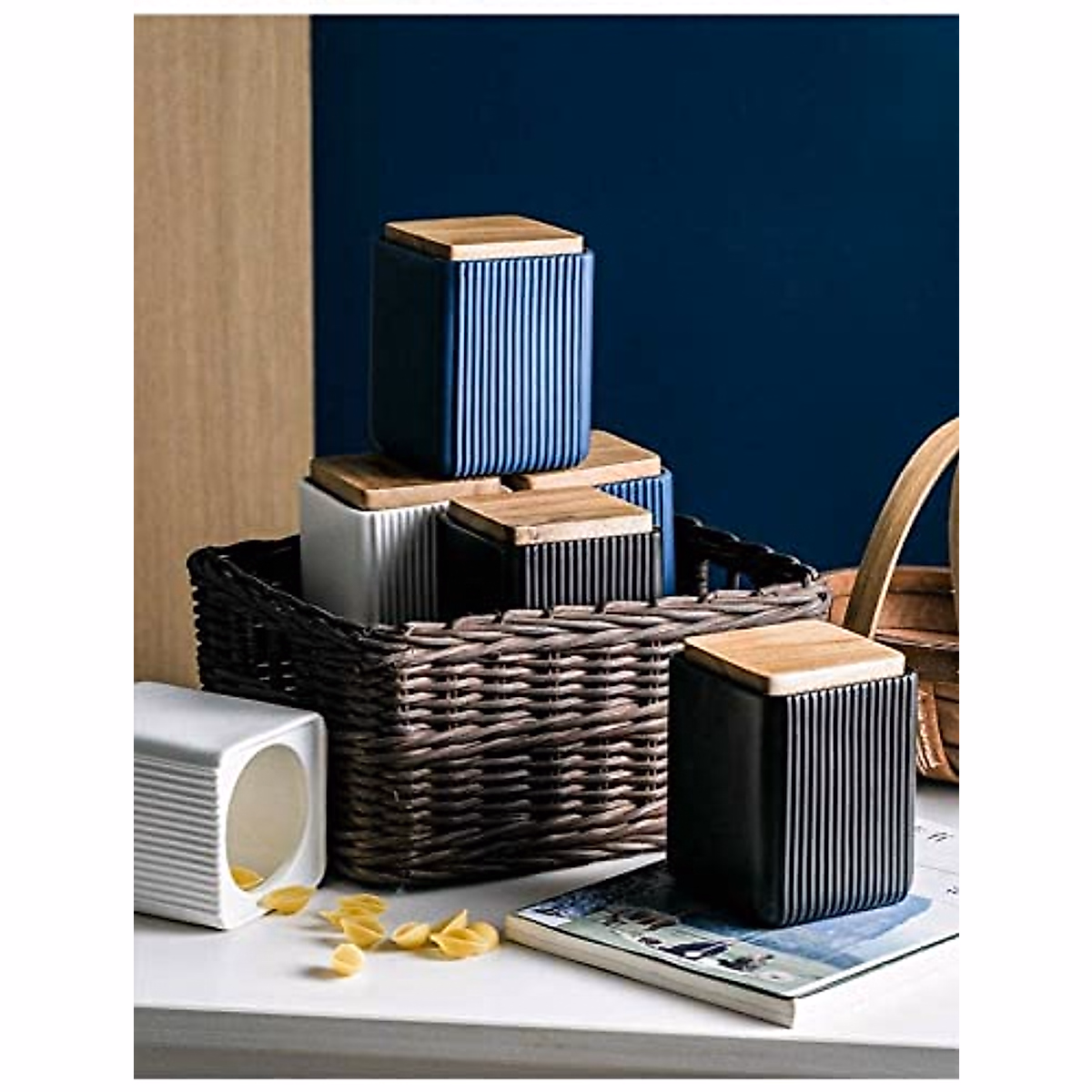 Food Storage Canister, Square Ceramic Cookie Jars Kitchen Canister with Airtight Lid, Good for Coffee Bean, Tea, Spices or Snacks Storage (Blue,Small)