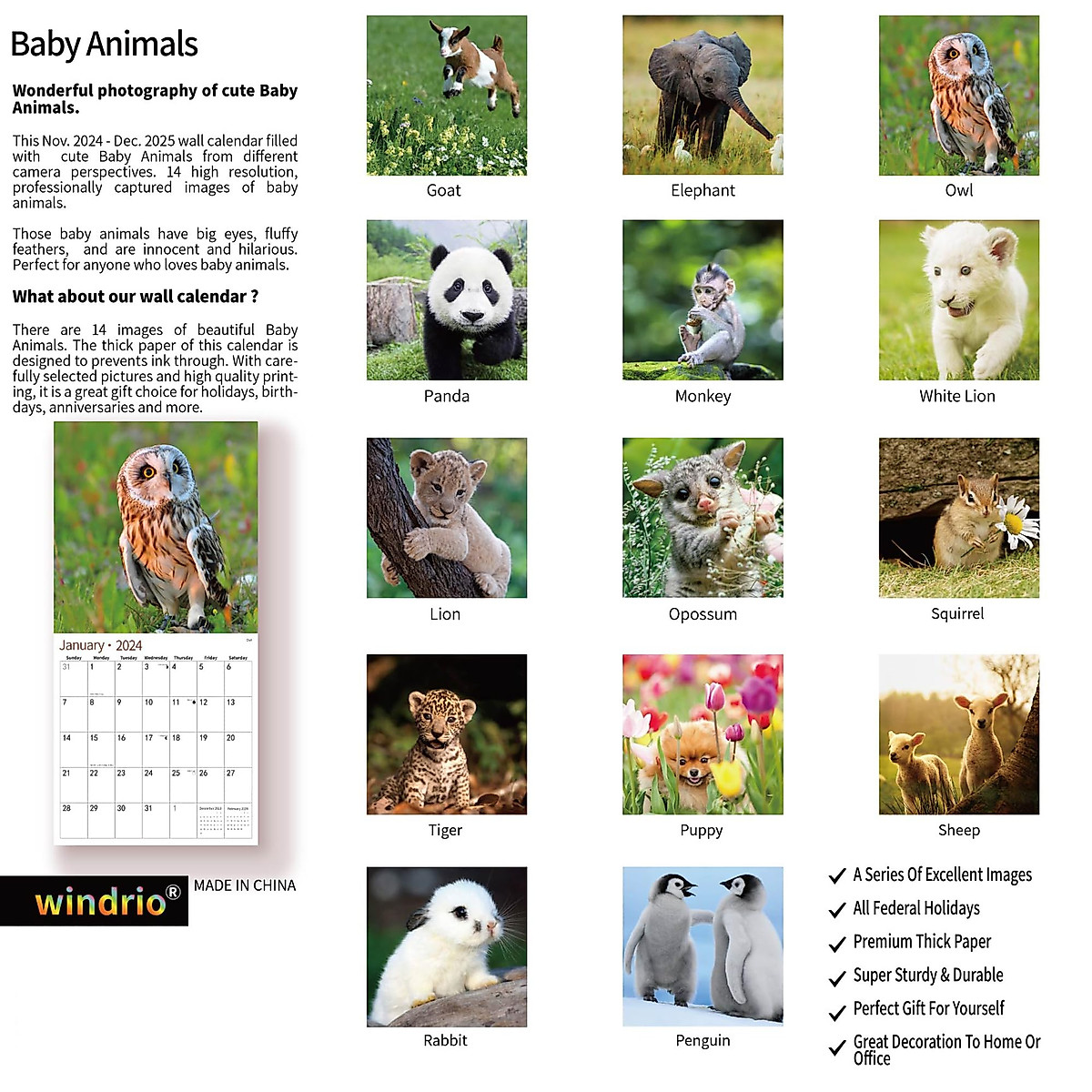 2025 Wall Calendar,Calendar 2025, January 2025 - December 2025, Wall Calendar Baby Animals, 12" x 24" Opened,Full Page Months Thick & Sturdy Paper for Calendar Organizing & Planning