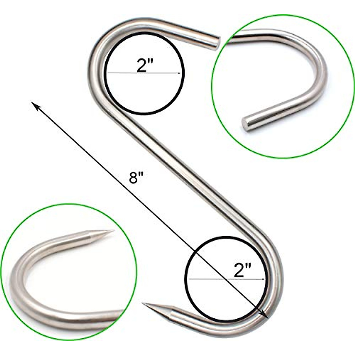 Alele 8 Inch Meat Hook 10mm Heavy Duty Stainless Steel Butcher Hooks for Hanging Beef (Meat Hook 10mm 8inch 4p)