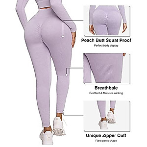FeelinGirl Women's Seamless 2 Pieces Yoga Outfits Workout Long Sleeve Active Wear Crop Top High Waist Yoga Legging Sets Lilac S
