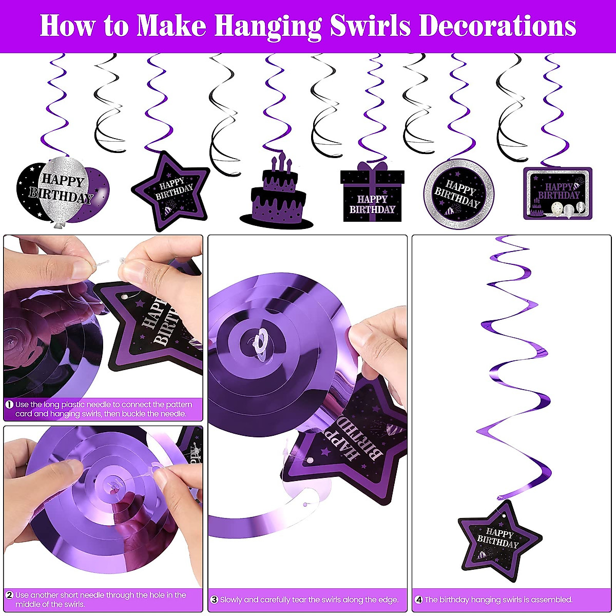 Purple Black Birthday Decorations for Women Girls, Happy Birthday Party Decorations for Her Him Bday Party Supplies Balloons Tablecloth Foil Fringe Curtains Hanging Swirls Decor Pennant Flag