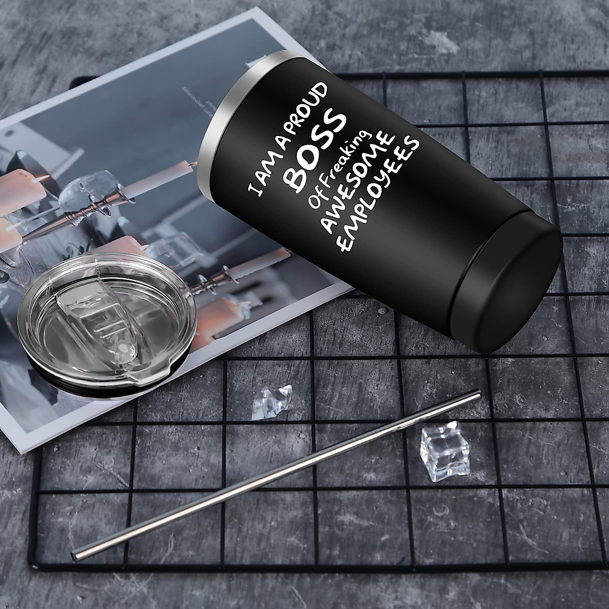 Cosictic I Am A Proud Boss Of Freaking Awesome Employees Travel Tumbler, Funny Birthday Bosses Day Gift for Men Boss Manager Director Leader, 20 Oz Insulated Stainless Steel Tumbler with Lid, Black