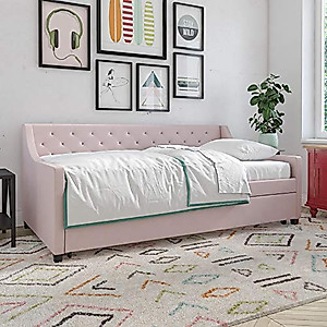 Novogratz Her Majesty Upholstered Daybed with Trundle, Twin Size Frame, Pink Linen