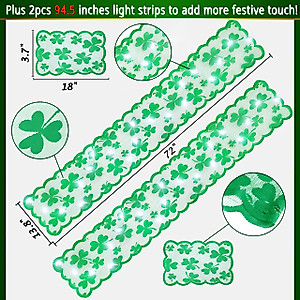 6PCS St Patricks Day Decorations Table Runners Placemats Saint Shamrock Green Lace Embroidered Irish Clover Party Decor Supplies,with 2 Light Strips