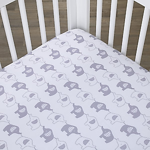 NoJo Elephant Stroll White & Gray Fitted Crib Sheet, Grey, White