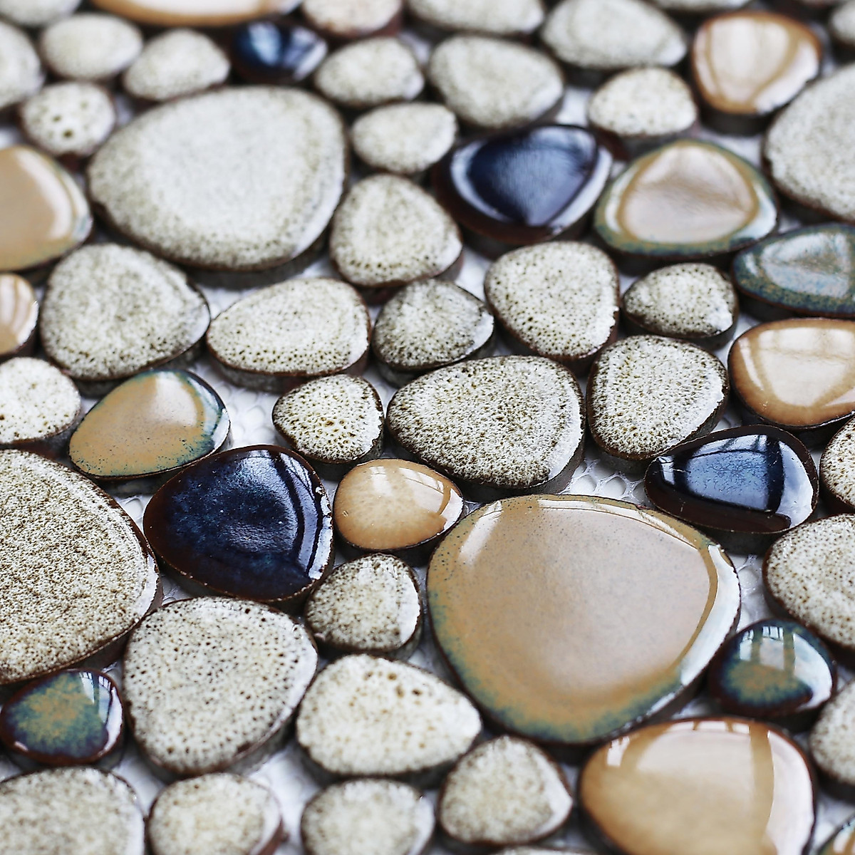 Primoon Pebble Stone Mosaic Tiles 5 Sheets, Beige Tan Brown Ceramic Mosaic Sheets Mesh Mounted 12x12, Glazed Porcelain Tile for Shower Floor Kitchen Bathroom Accent Wall Backsplash 【5 Sheets】