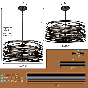 ACNKTZ 19.7'' Farmhouse Dining Room Light Fixture, 5-Light Metal Drum Chandelier, Black with Retro Wood Texture Interior