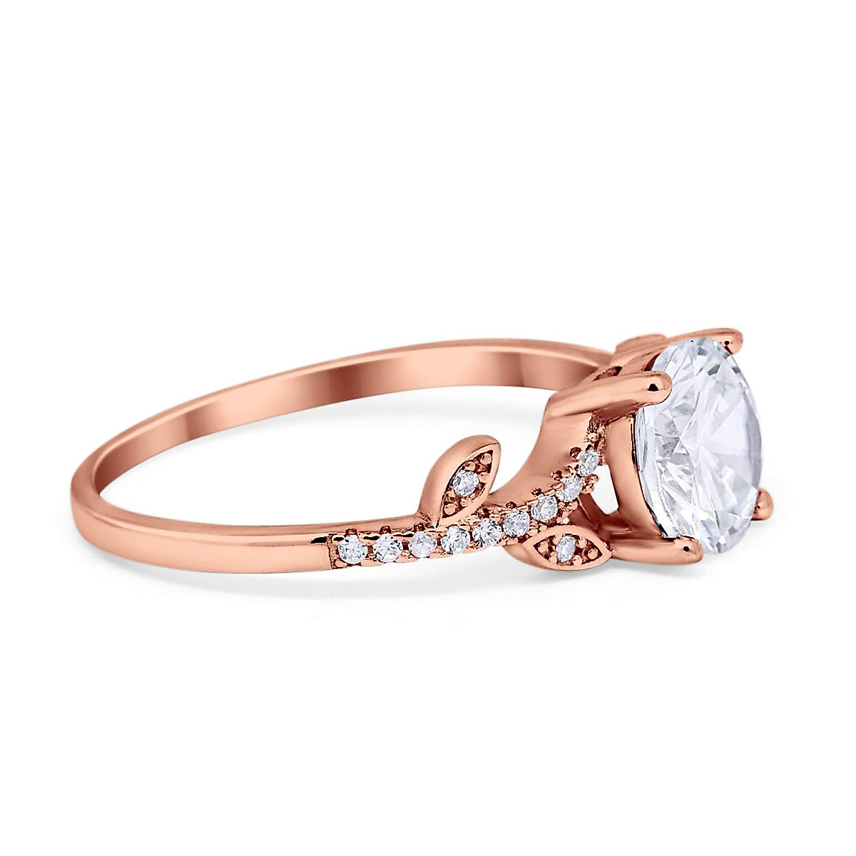 Blue Apple Co. Rose Tone, Simulated Cubic Zirconia Size-6 Leaf Style Art Deco Wedding Engagement Bridal Ring Round CZ 925 Sterling Silver