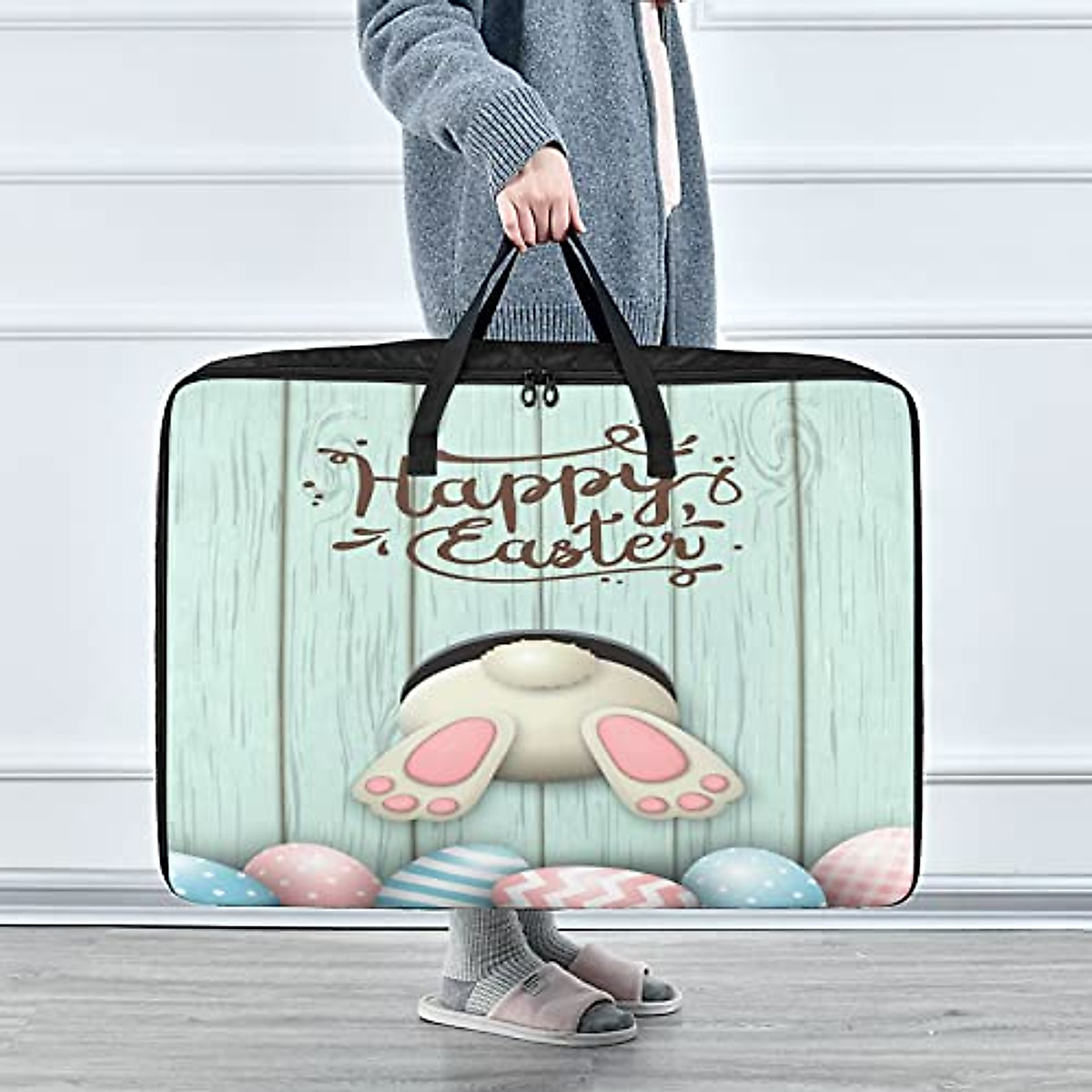 DOMIKING Under Bed Clothes Storage Bag - Bunny Happy Easter Eggs Blanket Storage Large Storage Containers with Zipper Pillow Storage 27.6x19.7x11inch