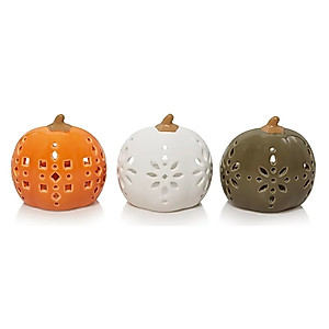 Yankee Candle Pumpkin Candle Holders - Set of 3 Pumpkin Tea Light Holders - Colored with Cutouts in Orange, White, and Green - for Fall, Autumn, Halloween, Thanksgiving
