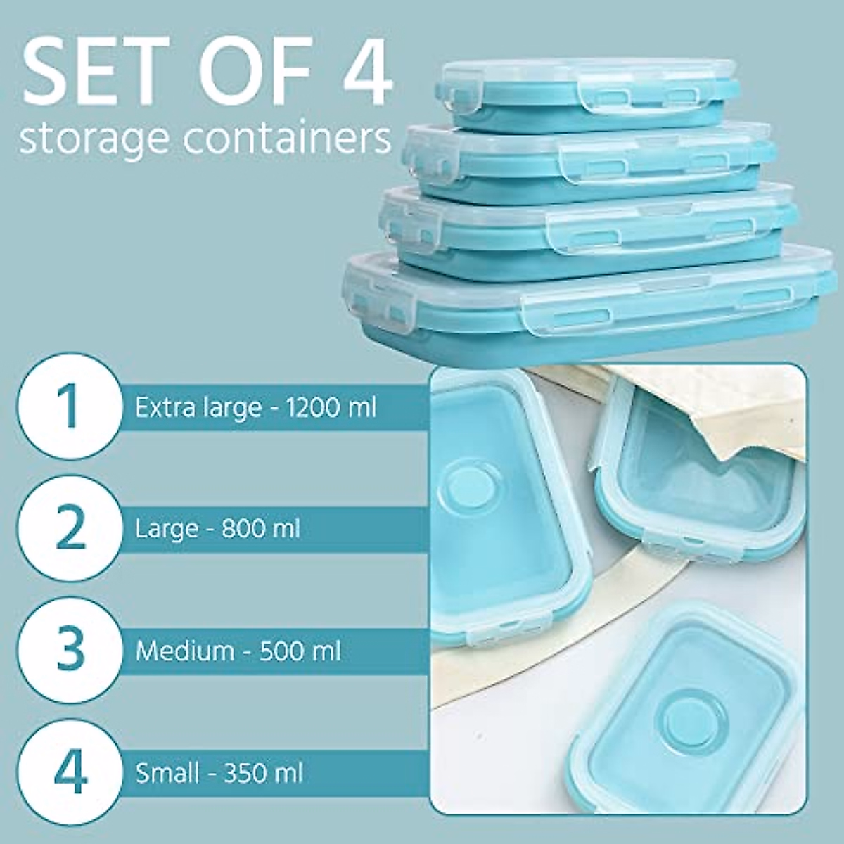 Collapsible Food Storage Containers with Lids - Silicone Container - Adjustable Food Storage Container - Bento Collapsable Lunch Box - Collapsible Camping Set - Collapsible Bowls with Lids - Meal Prep Containers Reusable - Travel Food Containers Set of 4