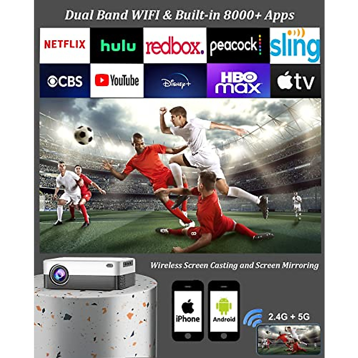 Smart Projector 1080p WiFi and Bluetooth, Arforgo 4K Supported 250 ANSI Outdoor Phone Mini Projector, Support PPT PDF Office Presentation4D 4P Keystone 50% Zoom, Prime Video, Netflix etc.