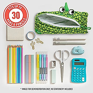 ZIPIT Dinosaur Pencil Case for Boys, Holds Up to 30 Pens, Machine Washable, Made of One Long Zipper! (Dino Green)