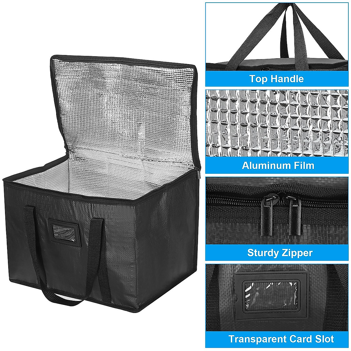 PATIKIL 16.9"x11"x12.2" Insulated Reusable Grocery Bag, Food Delivery Insulated Cooler Tote Bag with Zipper/Clear Card Slot Collapsible for Hot Cold Transport Shopping, Black