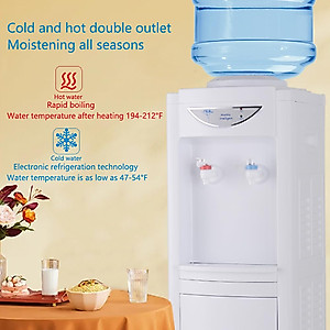 Water Dispenser for 5 Gallon Bottle, Top Loading Water Cooler Hot and Cold Water Cooler Dispenser with Child Safety Removable Drip Tray & Storage Cabinet for Office Home School, White