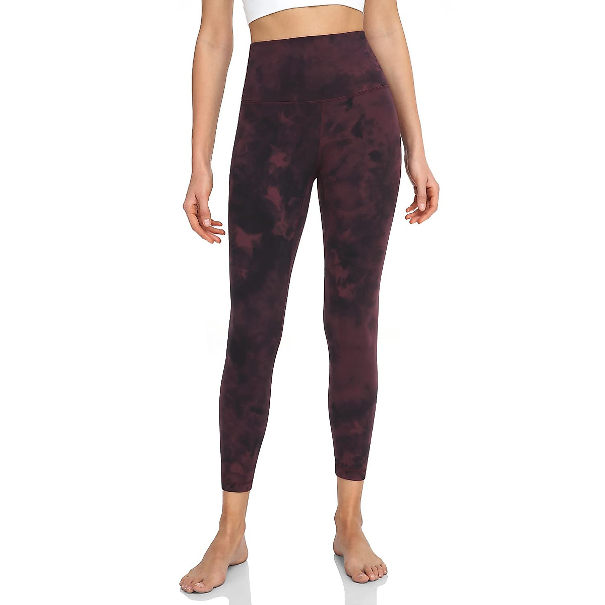 HeyNuts Pure&Plain 7/8 High Waisted Leggings for Women, Athletic Compression Tummy Control Workout Yoga Pants 25'' Diamond Dye Cassis Black XS(0/2)