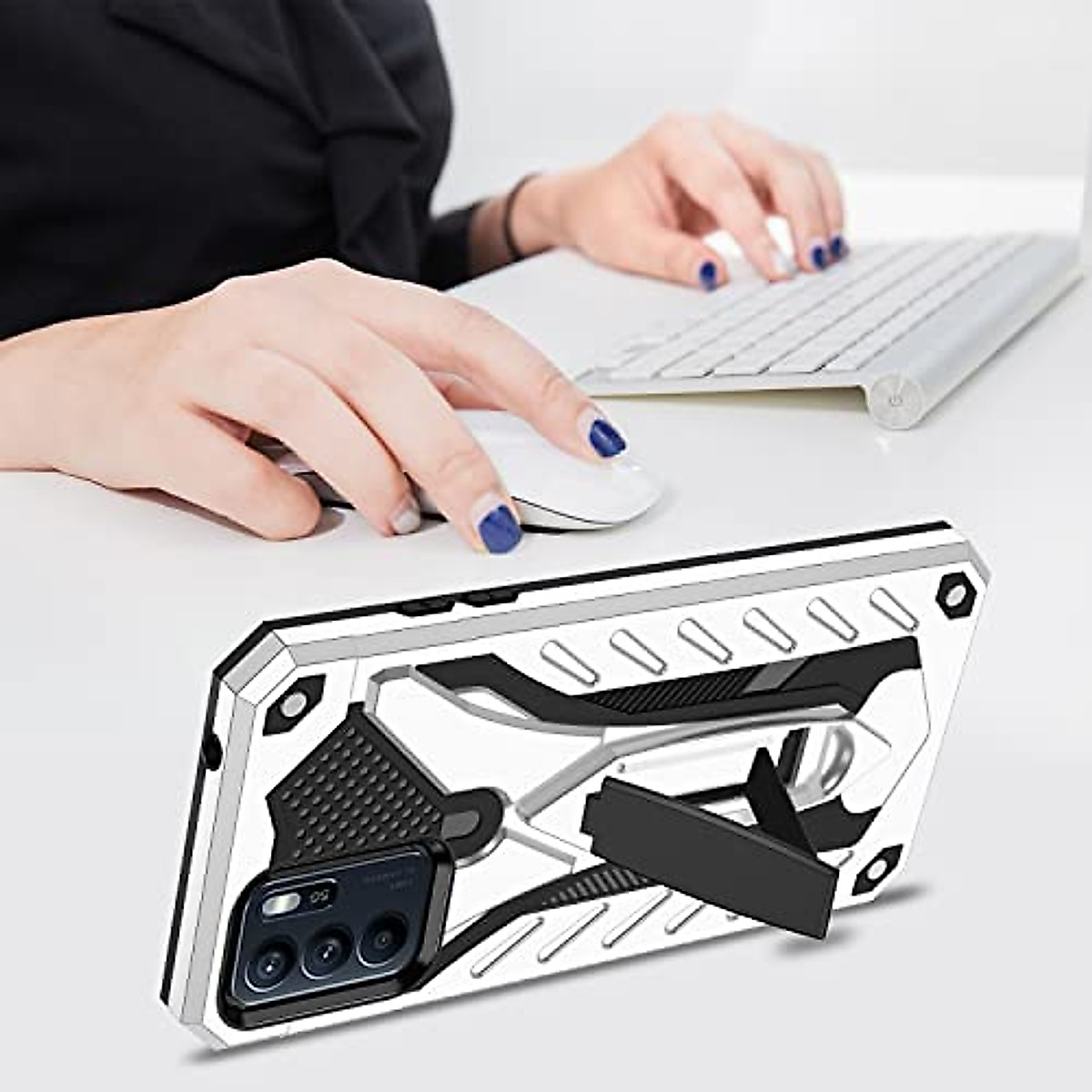 AHUOZ Compatible with Oppo Reno 6 Pro(5G),Military Grade Strong Two Layer PU+TPU Hybrid Full Body Case,Bracket Protective Dustproof Shockproof Cover (Color : Atmospheric Silver)