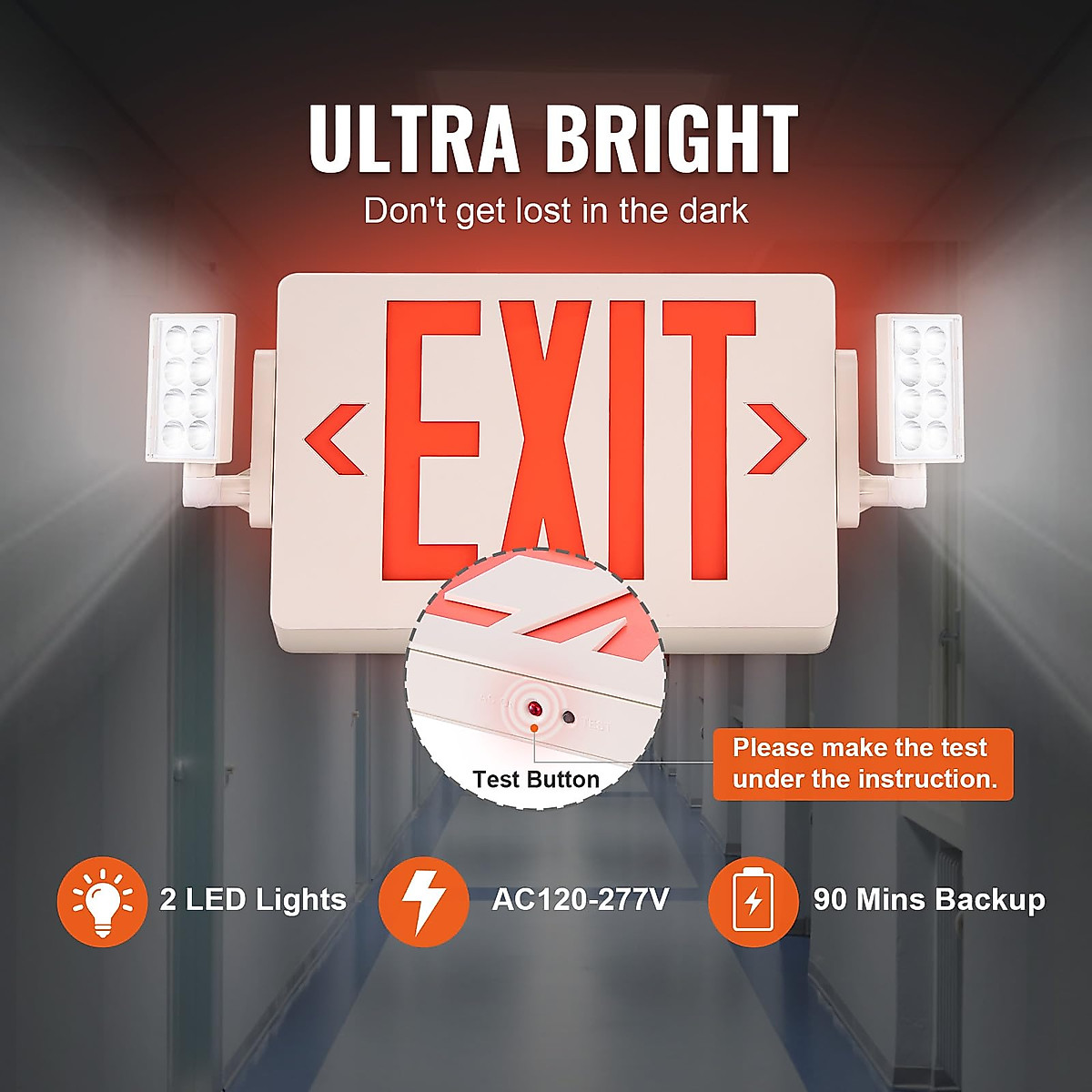 VEVOR LED Exit Sign with Emergency Lights, Two Heads Emergency Exit Light with Battery Backup, Combo Red Letter Fire Exit Lighting, Commercial Exit Signs for Business, White Tested to UL Standards