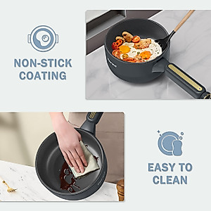 TOPWIT Hot Pot Electric with Steamer, 2L Multifunctional Electric Pot, Non-Stick Fring Pan, Portable Pot for Steak, Fried Rice, Ramen, Soup with Dual Power Control (Silicone Spatula Included), Grey