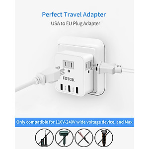 European Travel Plug Adapter, FDTEK US to Europe Power Adapter with 3 USB and 3 AC Outlet, Euro Charger Adaptor Type C for USA to EU France Germany Greece Italy Israel Spain, 2-Pack