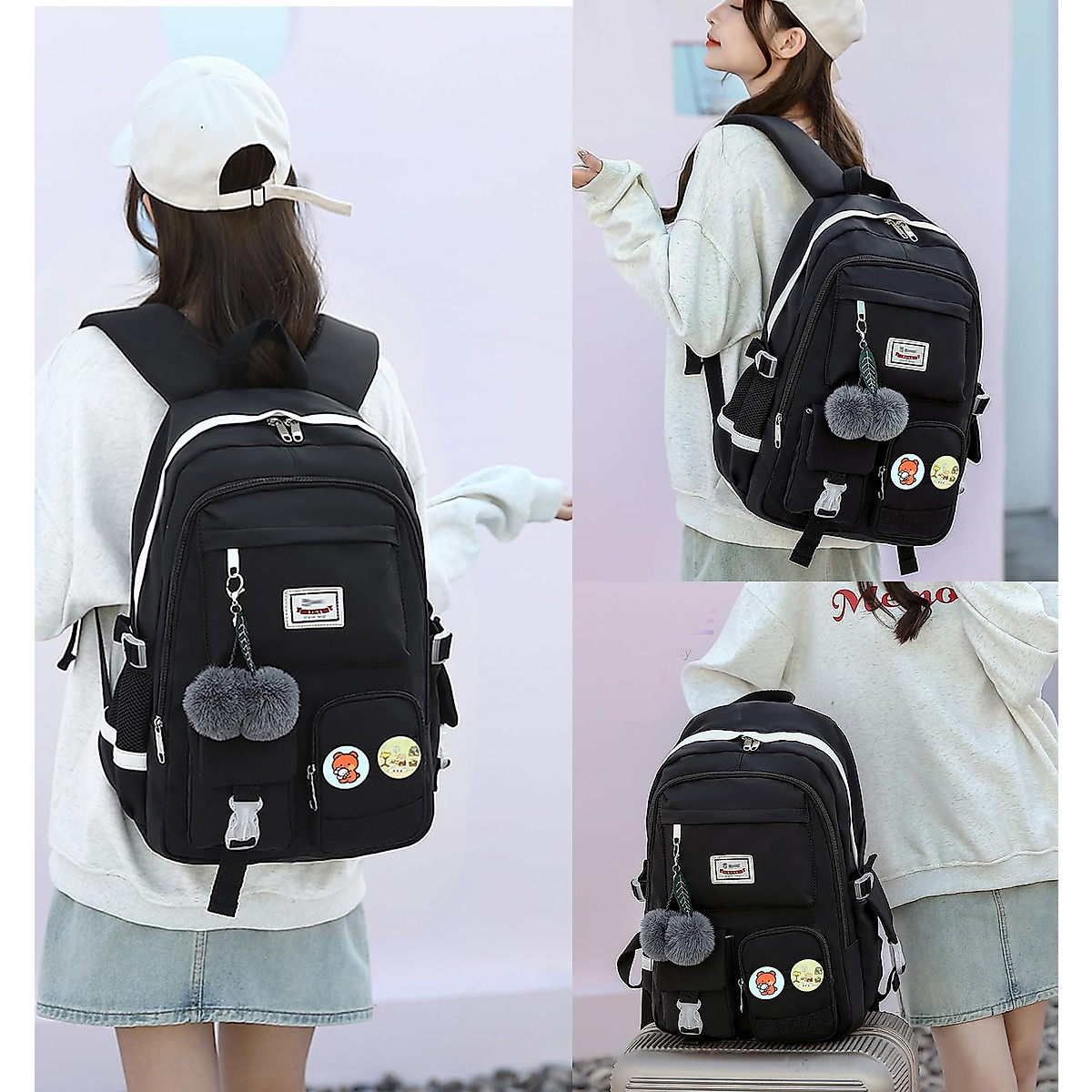 Lmeison Backpack for Girls Waterproof, Cute College Bookbag Black School Bag for Elementary School Middle School, 15.6in Laptop Backpack Anti Theft Travel Daypack for Women Teens Teenage Kids