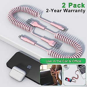 Coiled USB to Lightning Cable [MFi Certified], Apple Carplay Charger Cable for Car Data Sync, Coiled iPhone Charger iPhone Cable Pink, 2 Pack