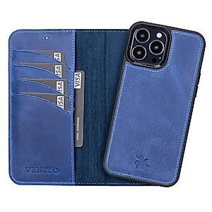 Venito Ravenna Slim Magic Leather Wallet Case for iPhone 13 Pro Max (6.7 in) with a Magnetic Flip & Four Card Slots and a Bill Pocket & Lightweight Frame (Antique Dark Blue)