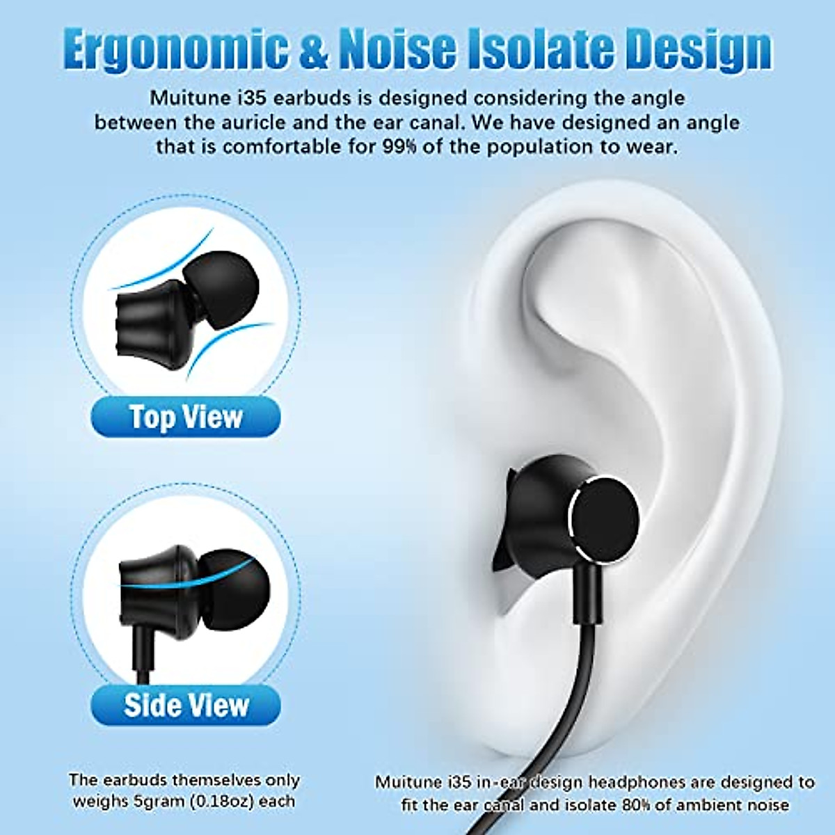 Muitune Bluetooth Earbuds 120 Hours Extra Long Playback with Microphone Headset, i35 Balanced Armature Drivers Stereo in Ear Wireless Ear Buds, Waterproof Workout Neckband Headphones (Black)