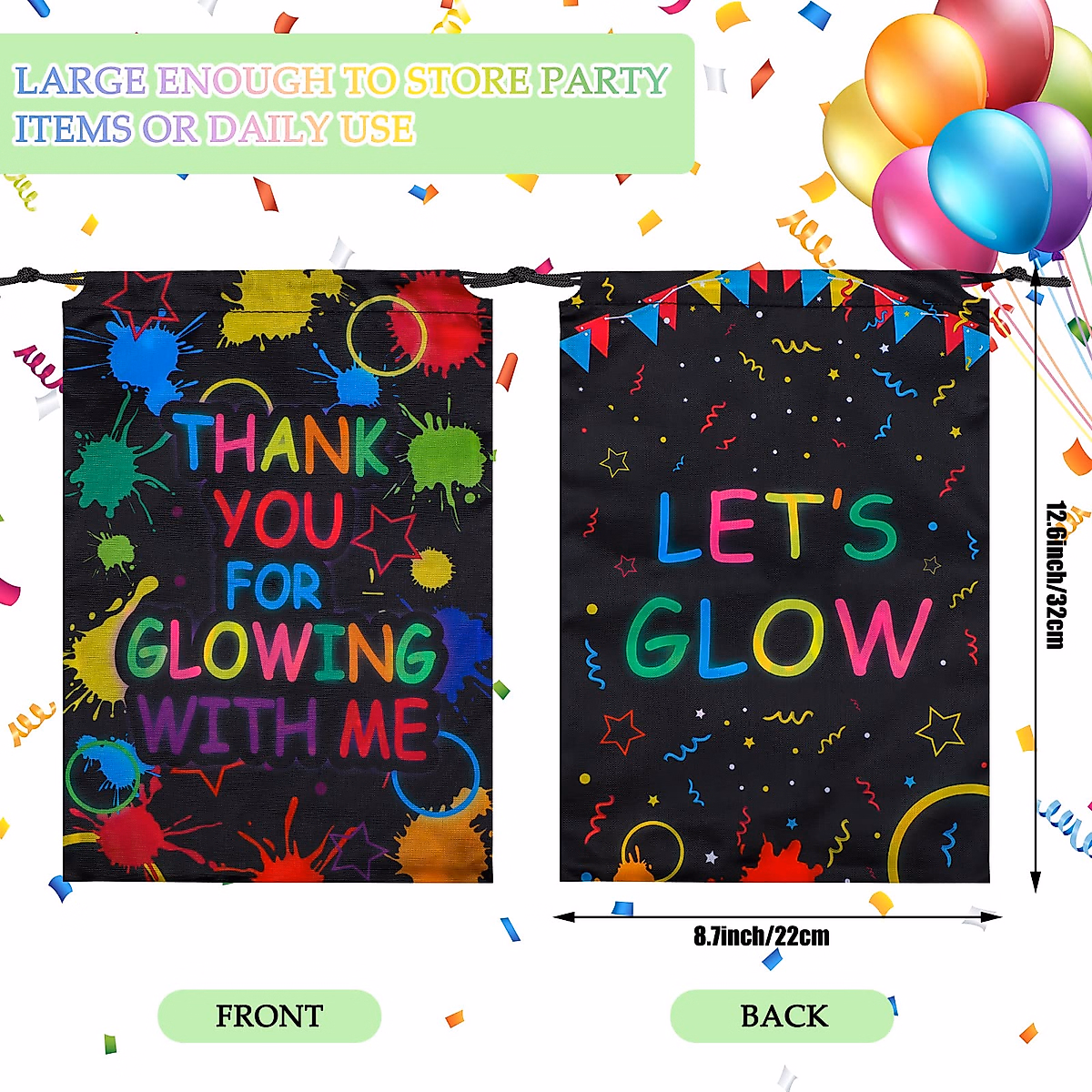 Sadnyy Let's Glow Drawstring Bags Glow Party Supplies Favor Gift Bags Neon Pouch for Retro 80s 90s Theme Party Decorations(24 Pieces)