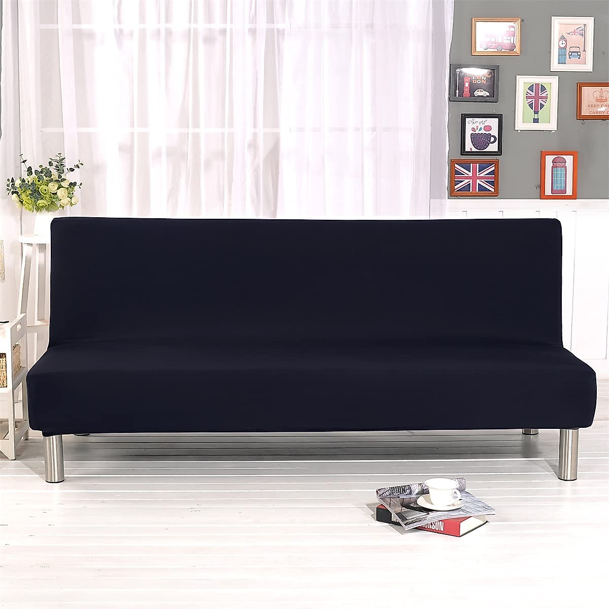 Stretch Futon Cover Armless Sofa Slipcover Foldable Sofa Bed Covers with Elastic Bottom, Machine Washable (Black)