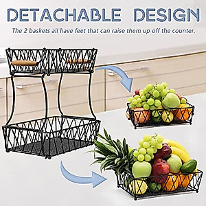 2 Tier Fruit Basket for Kitchen, Tiered Fruit Basket Kitchen Countertop Organizer, Bread Vegetable Storage Wire Metal Bowl with Banana Hanger Holder Stand, Detachable Counter Decor Black Farmhouse