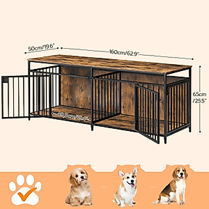 HOOBRO Dog Crate Furniture, 62.9" Dog Kennel Indoor End Table with Removable Divider, Three Doors Wooden Cage for Large/Medium/Small Dog, Heavy-Duty Chew-Resistant, Rustic Brown and Black BF160GW03