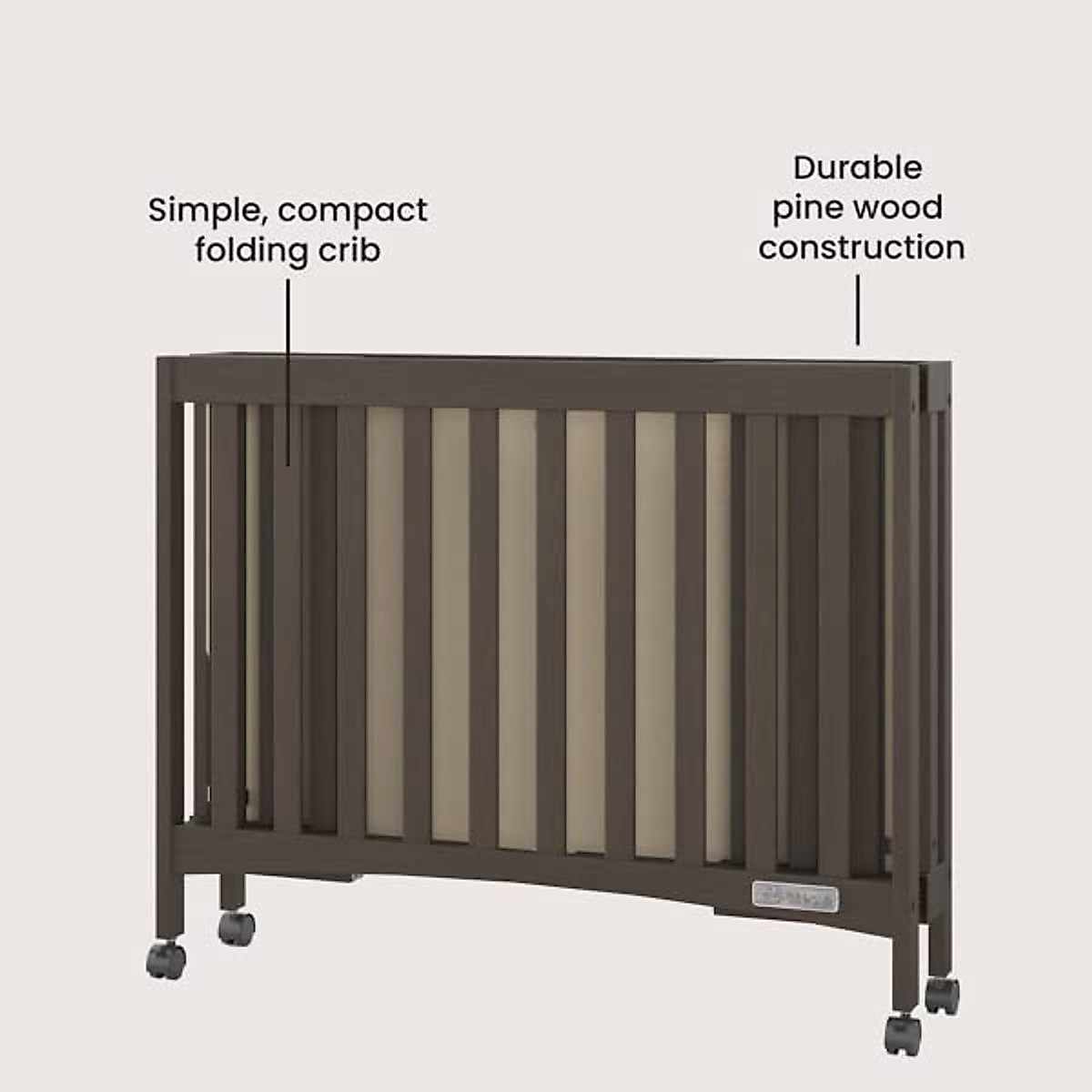 Child Craft London Mini Compact Folding Portable Crib with 2” Crib Mattress and 2 Easy Roll Locking Wheels, Durable Pine Wood Construction (Dapper Gray)
