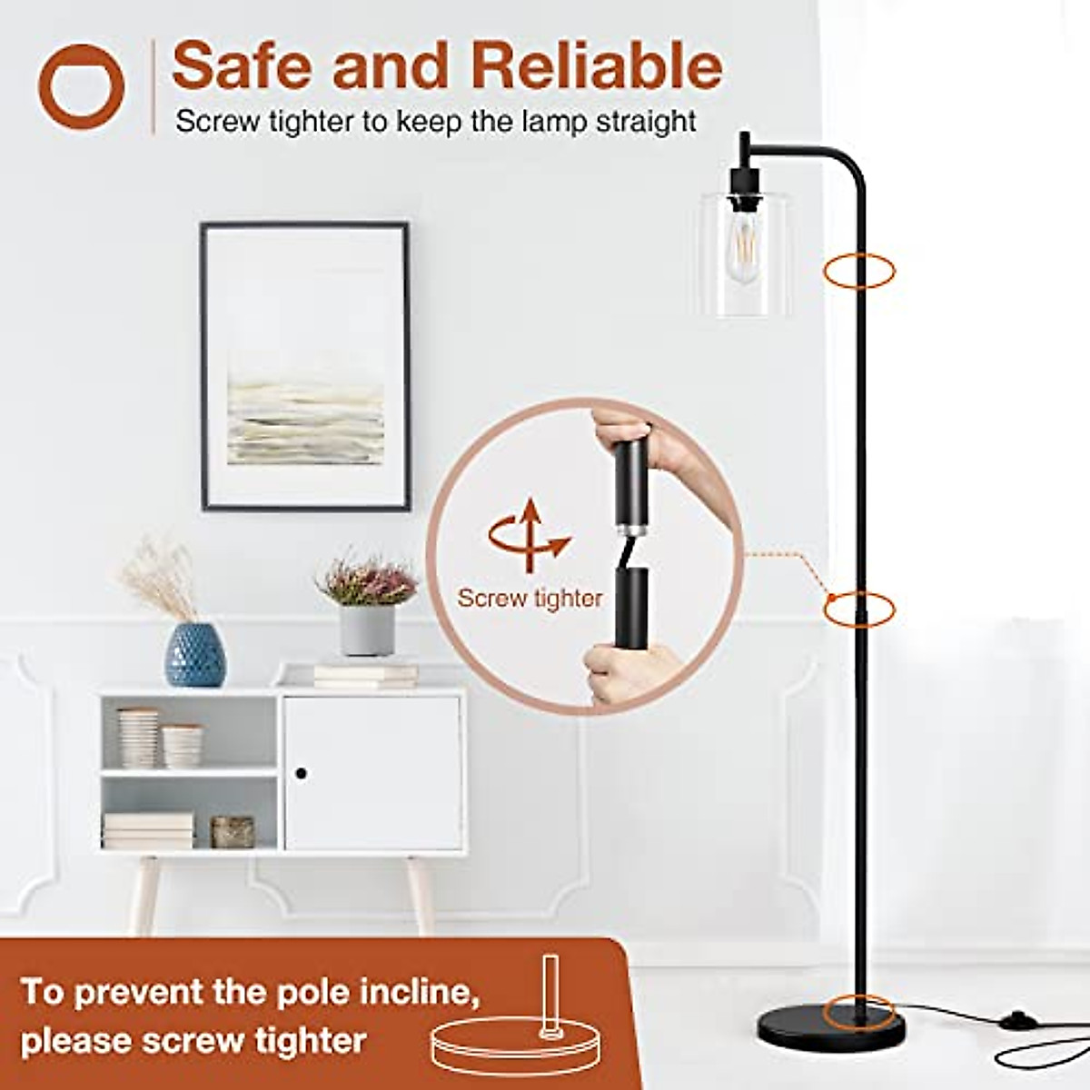 addlon Floor Lamps for Living Room with Glass lampshade, Modern Bright Floor Lamp with LED Bulbs Industrial Standing lamp for beroom, Tall Pole Lamps Office - Matte Black
