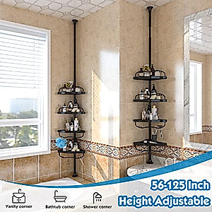 Shower Caddy Corner, 56 to 125 Inch Adjustable Tension Pole Corner Shower Caddy with 4 ABS Baskets,Rustproof Stainless Pole, Drill Free Shower Rack, Large Shower Storage Shelf for Inside Shower
