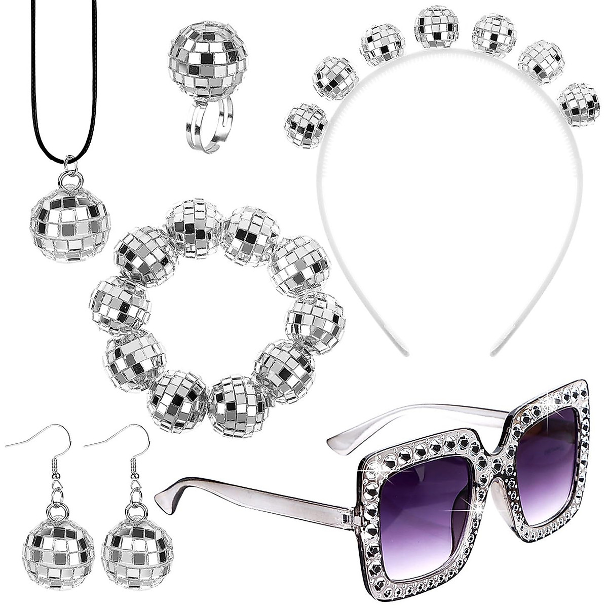 Hitele 6 Pcs 1970s Disco Accessories Set Disco Ball Earrings Necklace Bracelet Headband Ring and Sunglasses for Women Party (silver)