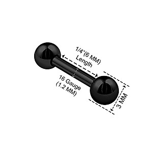 4PCS Stainless Steel Black Straight Barbell 16g 1/4 6mm 3mm Ball Cone Cartilage Helix Rim Earrings Rook Piercing Jewelry 0773