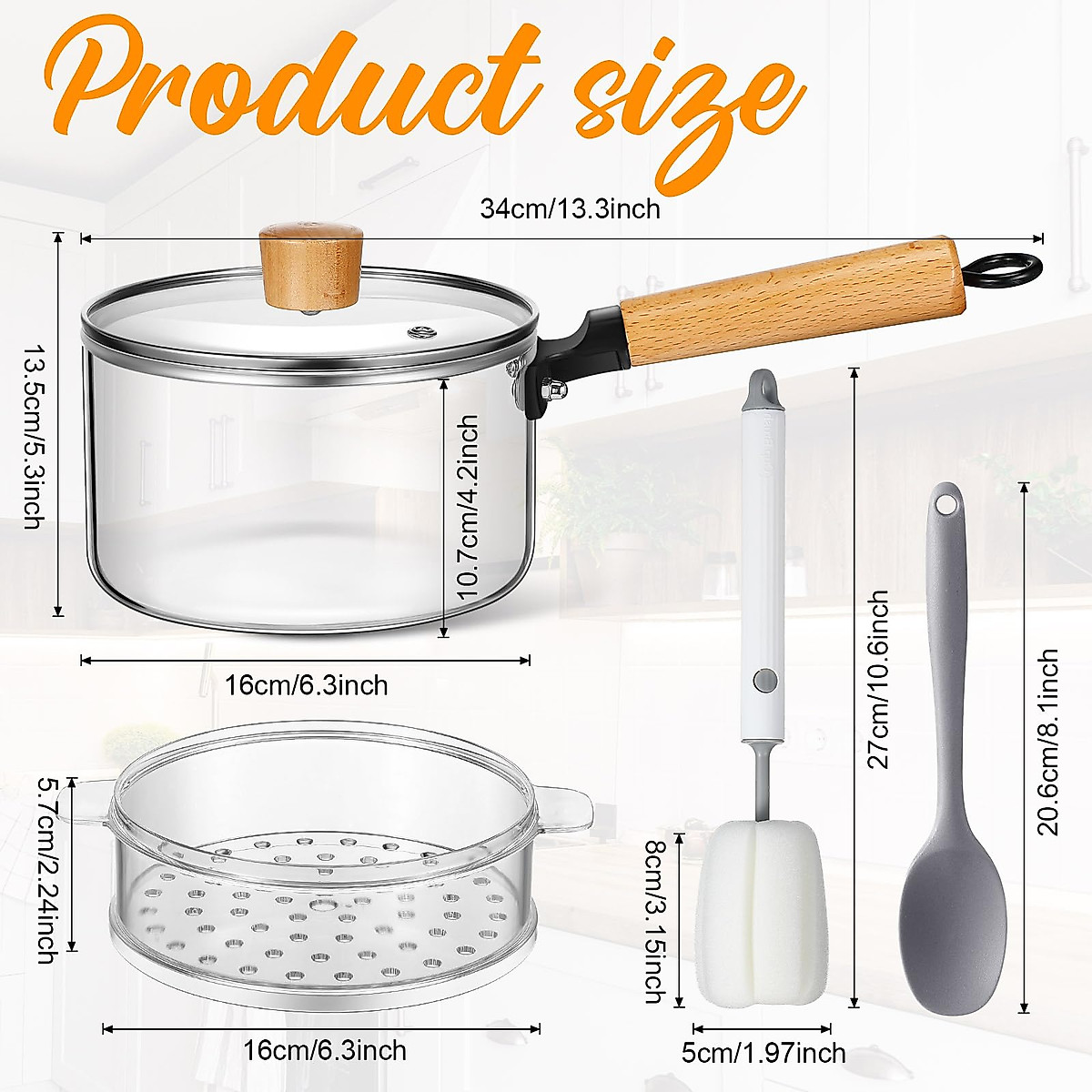 Baderke Small Glass Pot for Cooking with Steamer Lid Brush Spoon Set Glass Cooking Pan for Pasta, Soup, Vegetable, Gravies, Vegetable and More(Style 1)