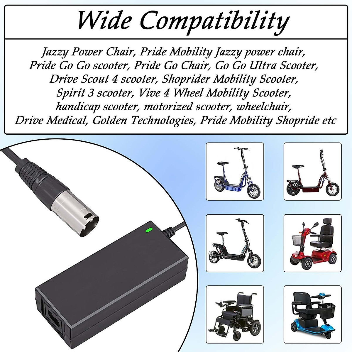 24V 2A Electric Scooter Charger with 3-Pin XLR Connector for Go-Go Elite Traveller SC40E/SC44E, Jazzy Power Chair,Pride Hoveround Mobility,Mountain Trailz,Schwinn S300/S350,Ezip 400/500/650/750/900