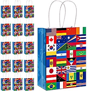 Pajean 16 Pack International Flag Bags World Flag Gift Bags Flags of the World Party Bags Country Flag Treat Bags for Opening Sports Events Celebration Goodie Candy Party Favors Decoration Supplies