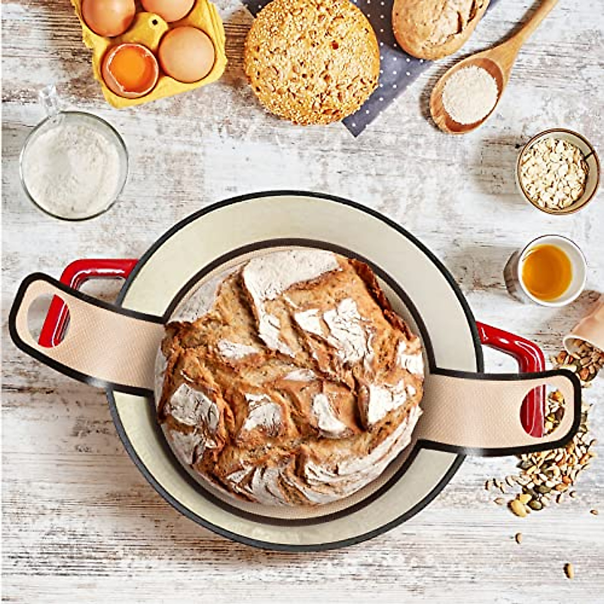 Tofficu Glass Fiber Baking Mats for Dutch Oven Bread Baking Non- Stick Dough Bread Sling Baking Mat Long Handles Sling Baking Mat for Transfer of Dough