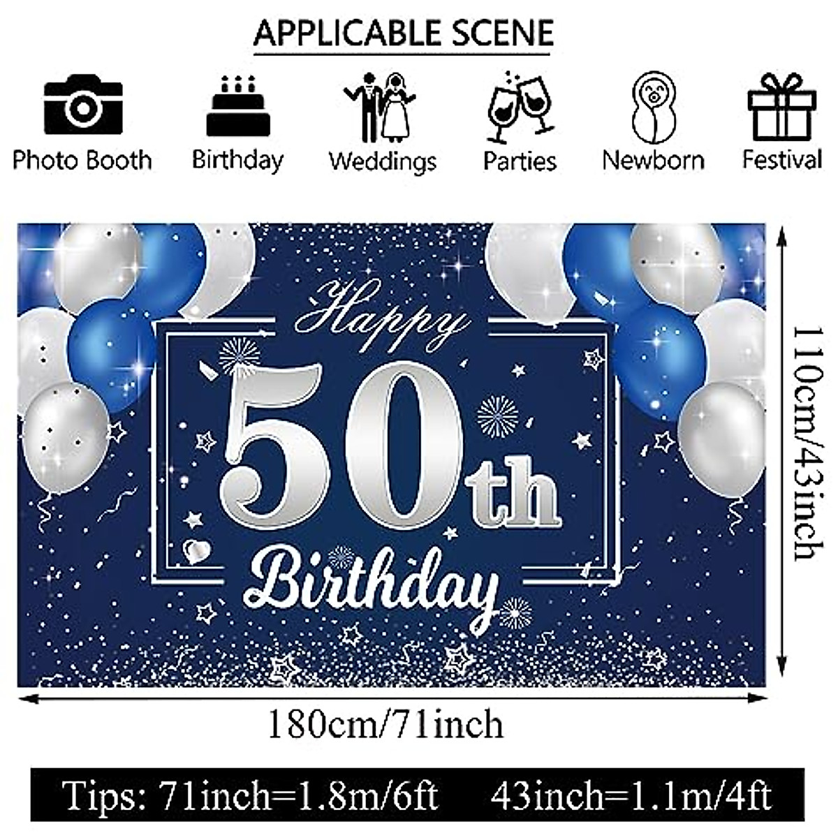 50th Birthday Decorations Banner Men, Blue Silver Happy 50th Bday Decorations for Men, 50th Birthday Decorations Men Blue, 50 Year Old Photography Background