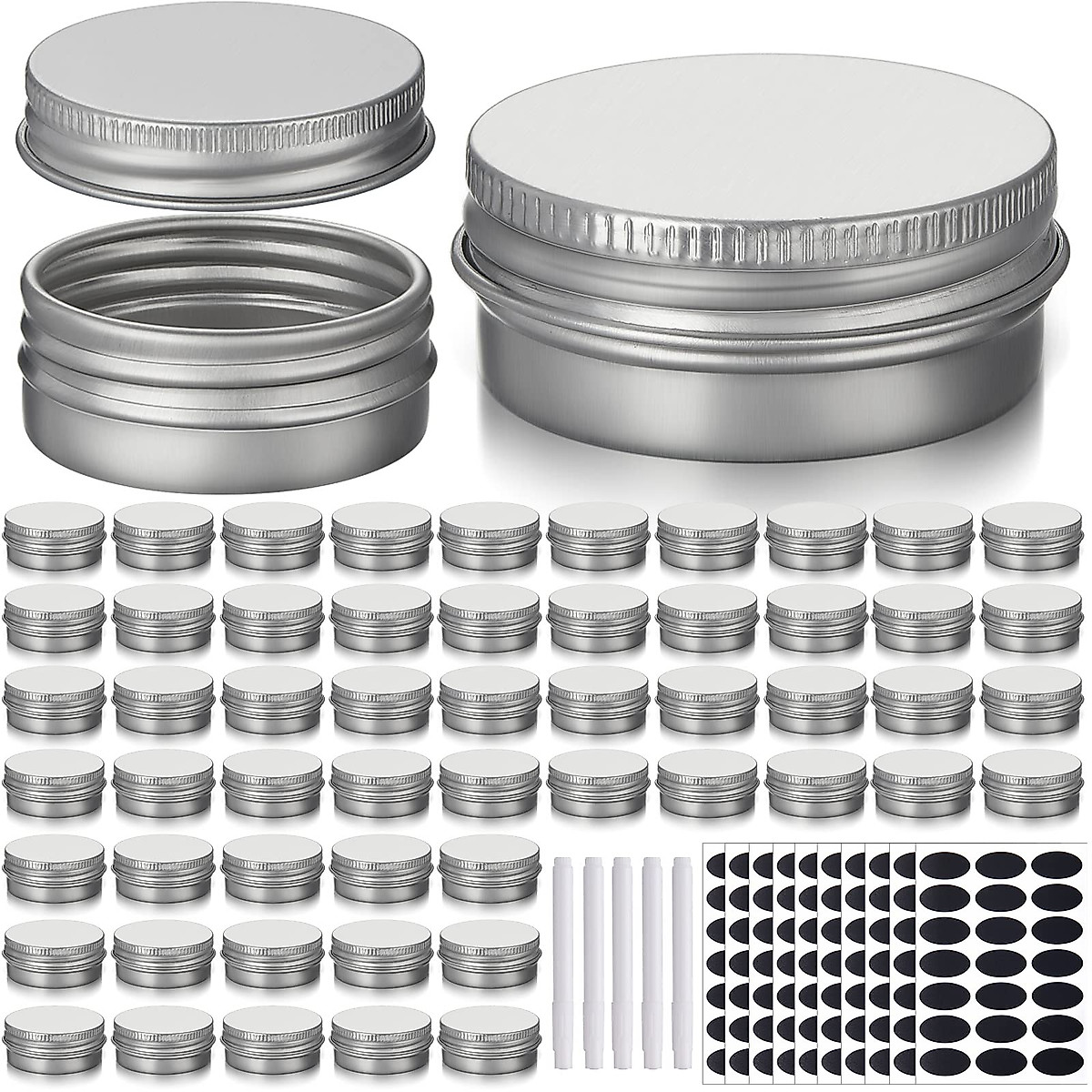 Zubebe 200 Pack Metal Tins Aluminum Containers with Lids Screw Top Round Tin Cans for Cosmetic Lip Balm DIY Salves Candles Wax with 5 Markers 10 Sheets Label Stickers (0.5 oz, Silver)